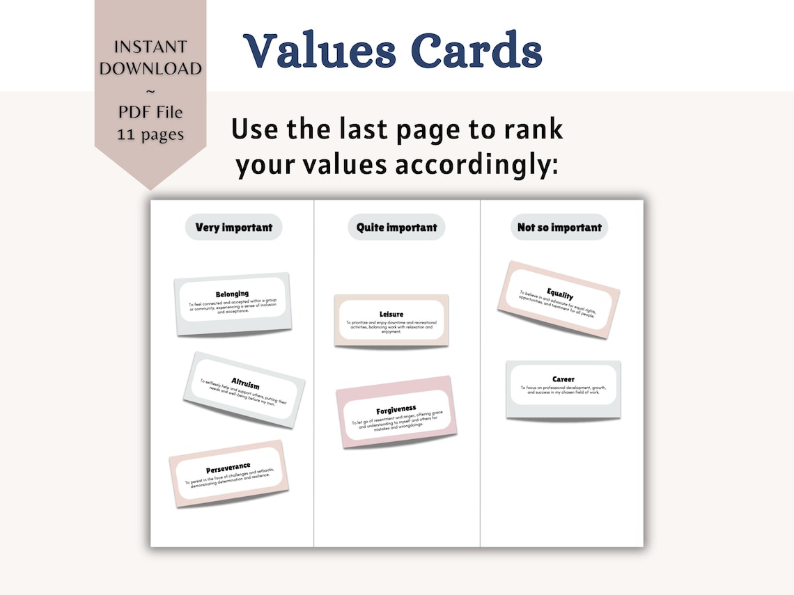 Personal Values Card Exercise for Values Exploration Cards Printable ...
