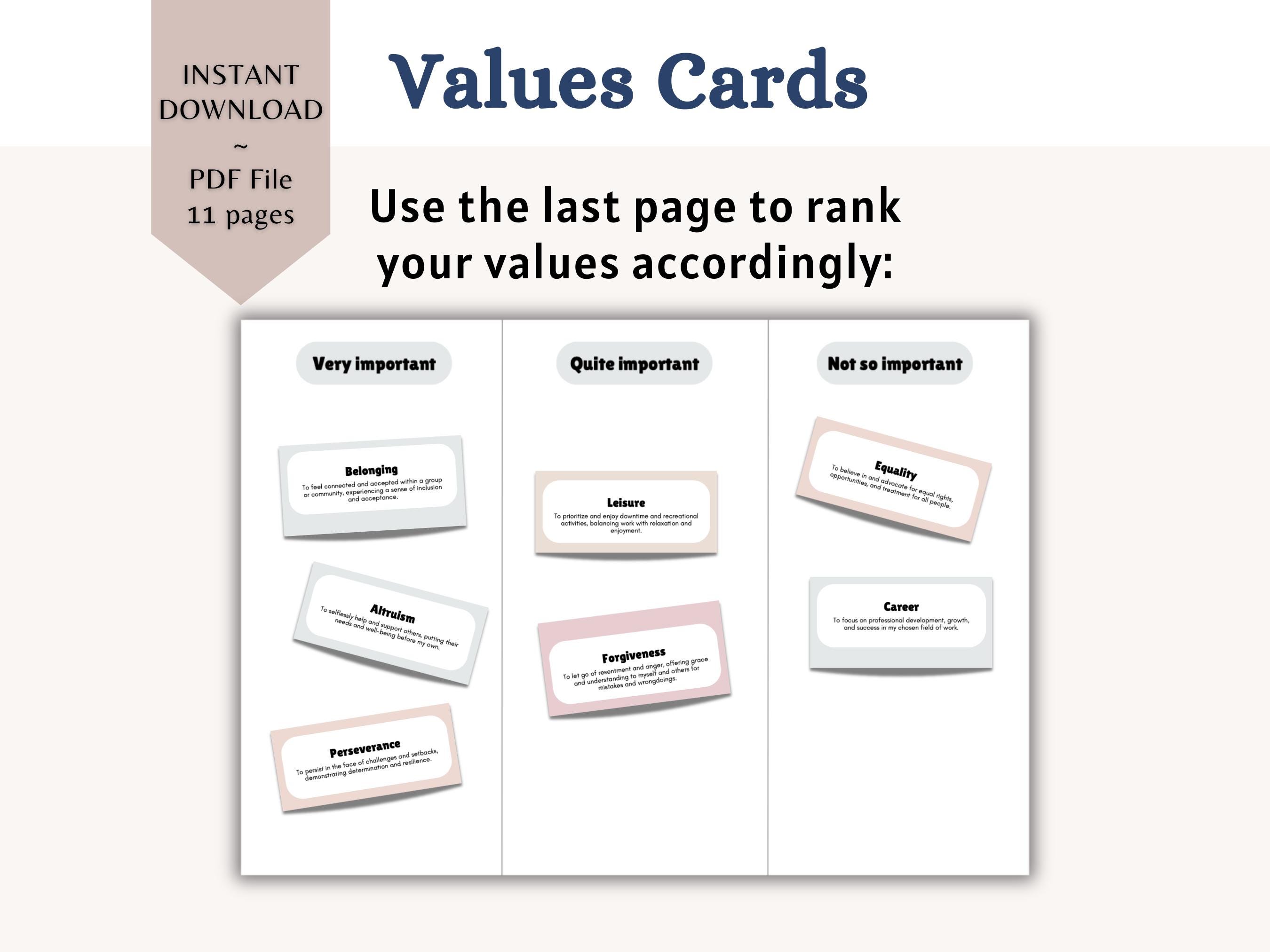 Personal Values Card Exercise for Values Exploration Cards Printable Core Values Identification ...