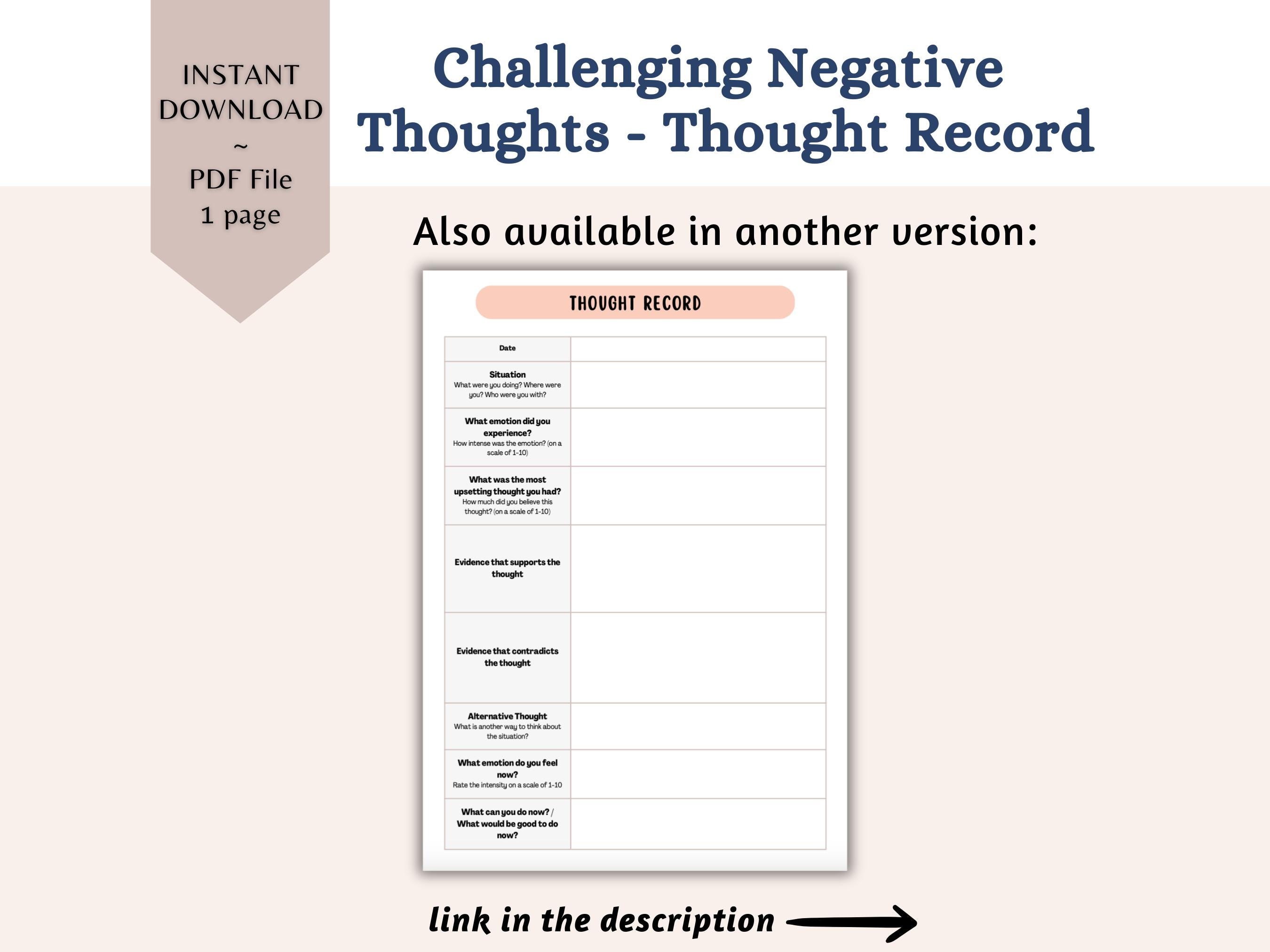 Thought Record CBT Therapy Worksheets Challenging Automatic Negative ...