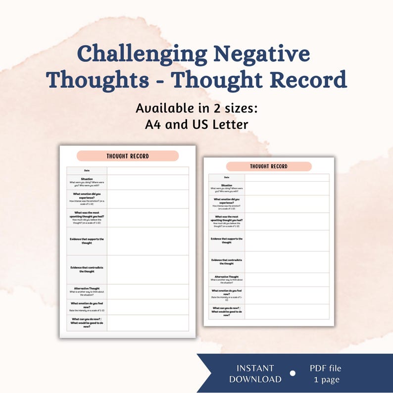 CBT Printable Worksheet Thought Record Thought Log Thought Tracker ...