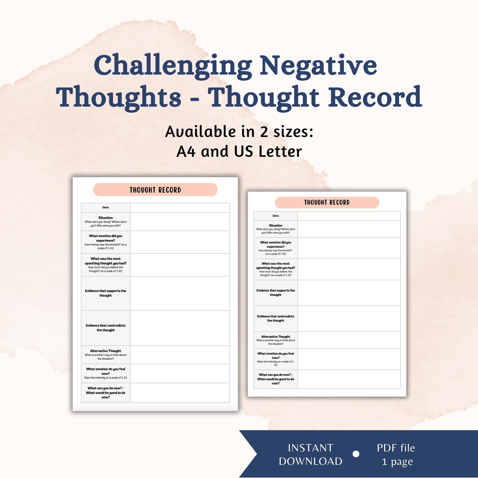 CBT Printable Worksheet Thought Record Thought Log Thought Tracker ...