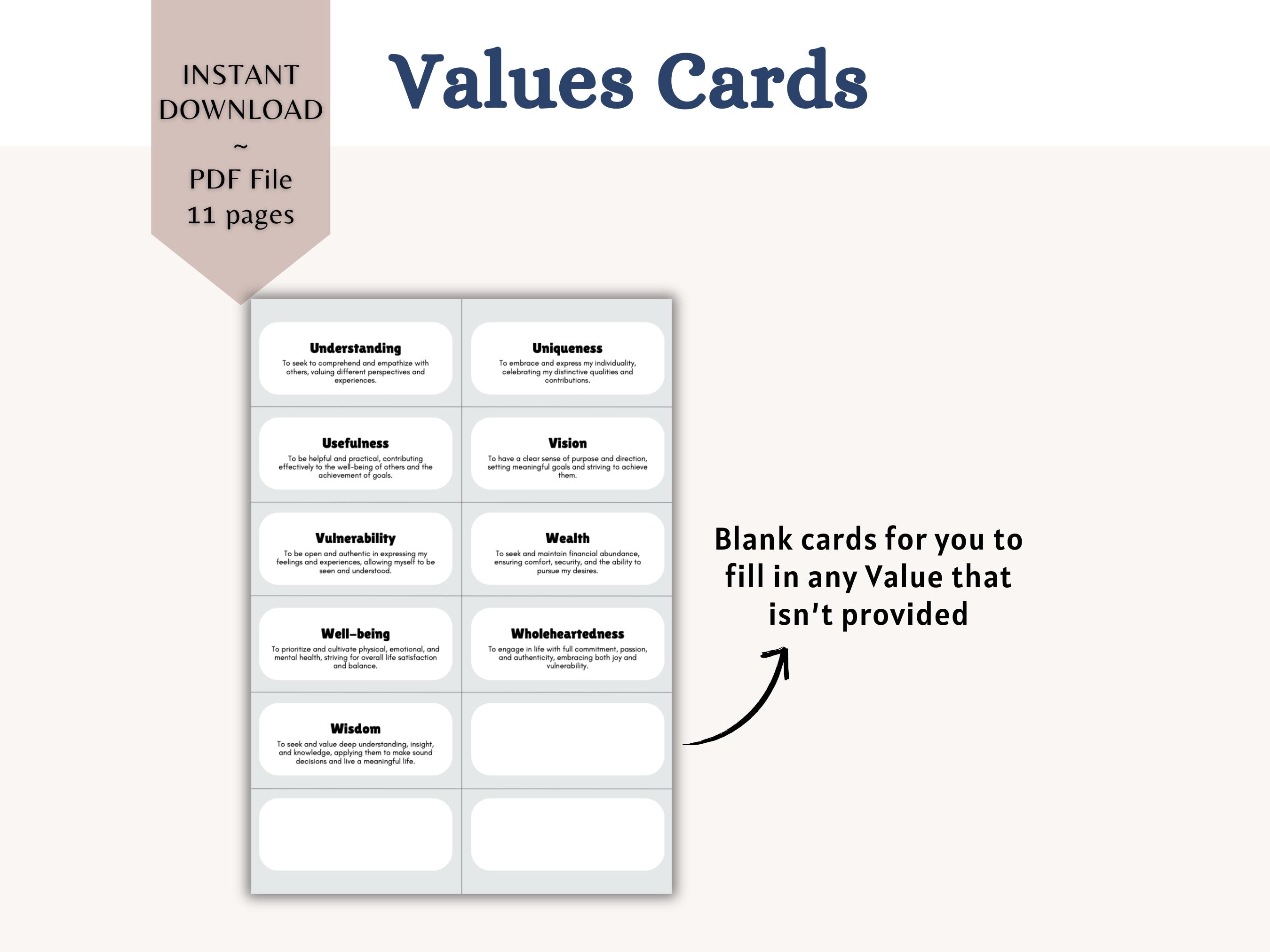 Personal Values Card Exercise for Values Exploration Cards Printable Core Values Identification ...