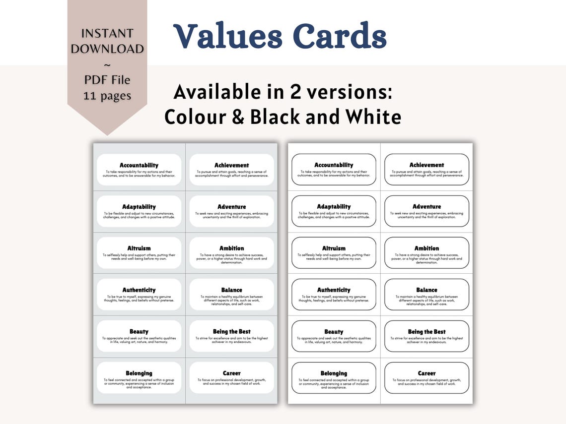 Personal Values Card Exercise for Values Exploration Cards Printable ...