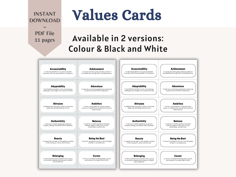 Personal Values Card Exercise for Values Exploration Cards Printable ...