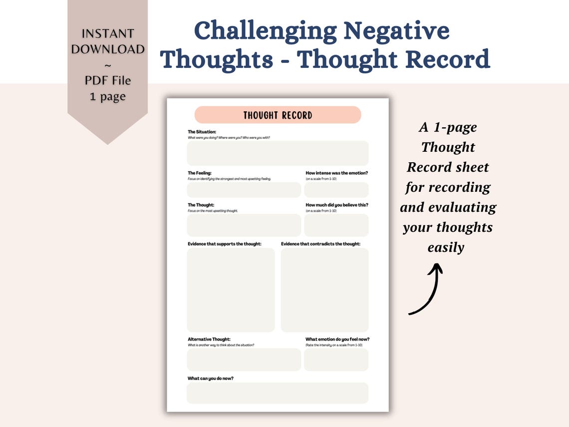 Thought Record CBT Therapy Worksheets Challenging Automatic Negative ...