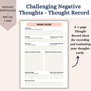 Thought Record CBT Therapy Worksheets Challenging Automatic Negative ...