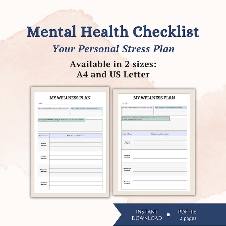 Mental Health Checklist, Self-care Planner, Wellness Plan for Stress ...