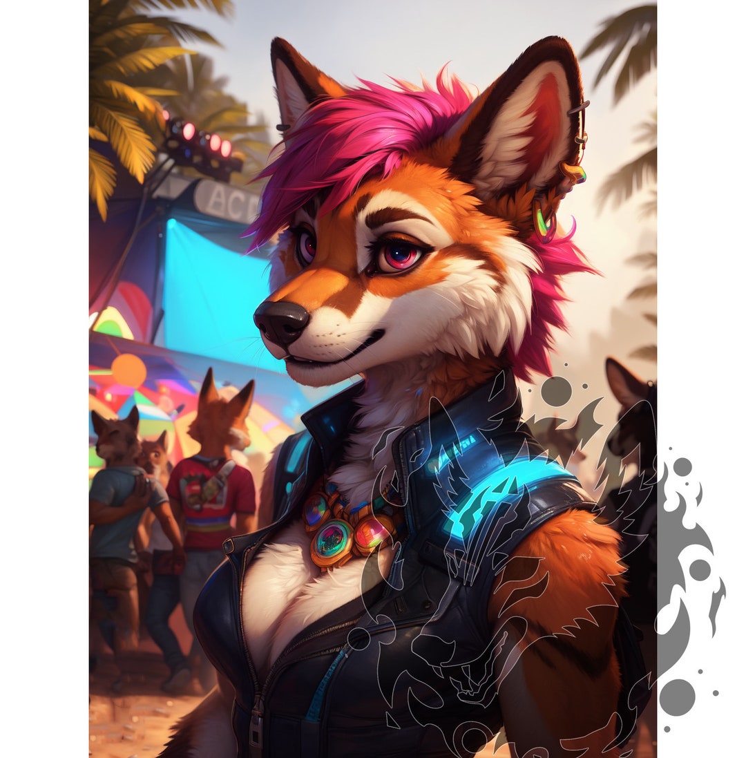 Anthro Fox Girl Image Digital Download HD Image Unique Original Concept Art for Neon Rave Furry ...