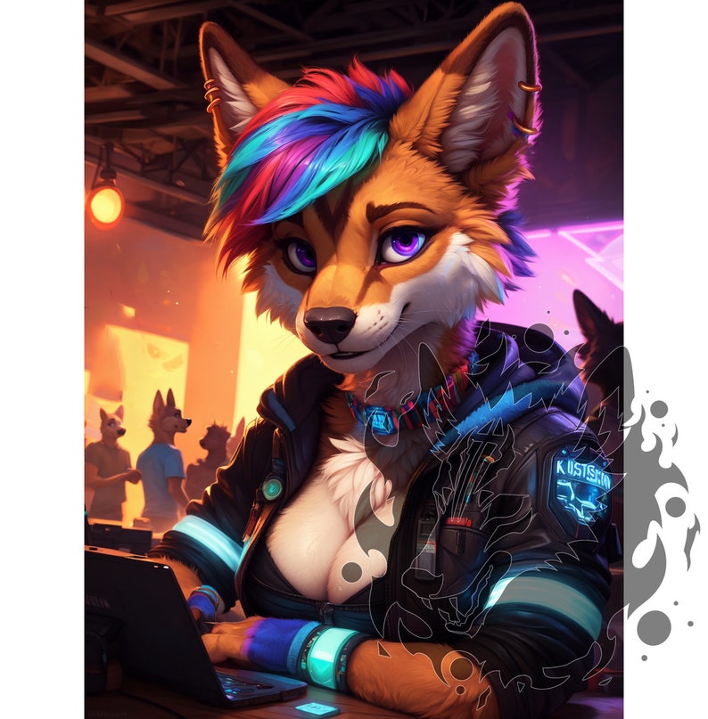 Anthro Fox Girl Image Digital Download HD Image Unique Original Concept Art for Neon Rave Furry ...