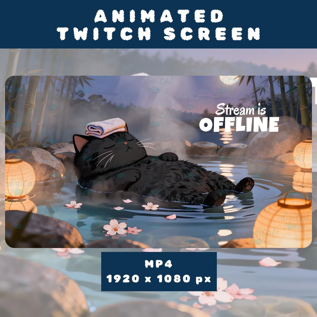 Animated Twitch Offline Screen: Cozy Cat in Hot Spring (MP4 Digital ...