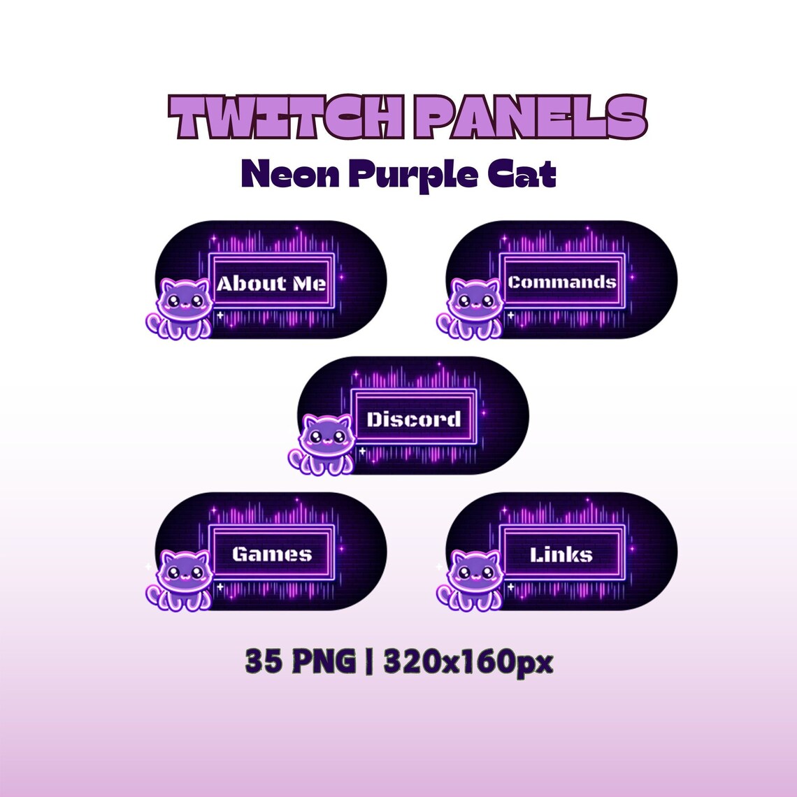 Neon Purple Cat Twitch Panels Set, 35 Premade Purple Line Art Cat ...