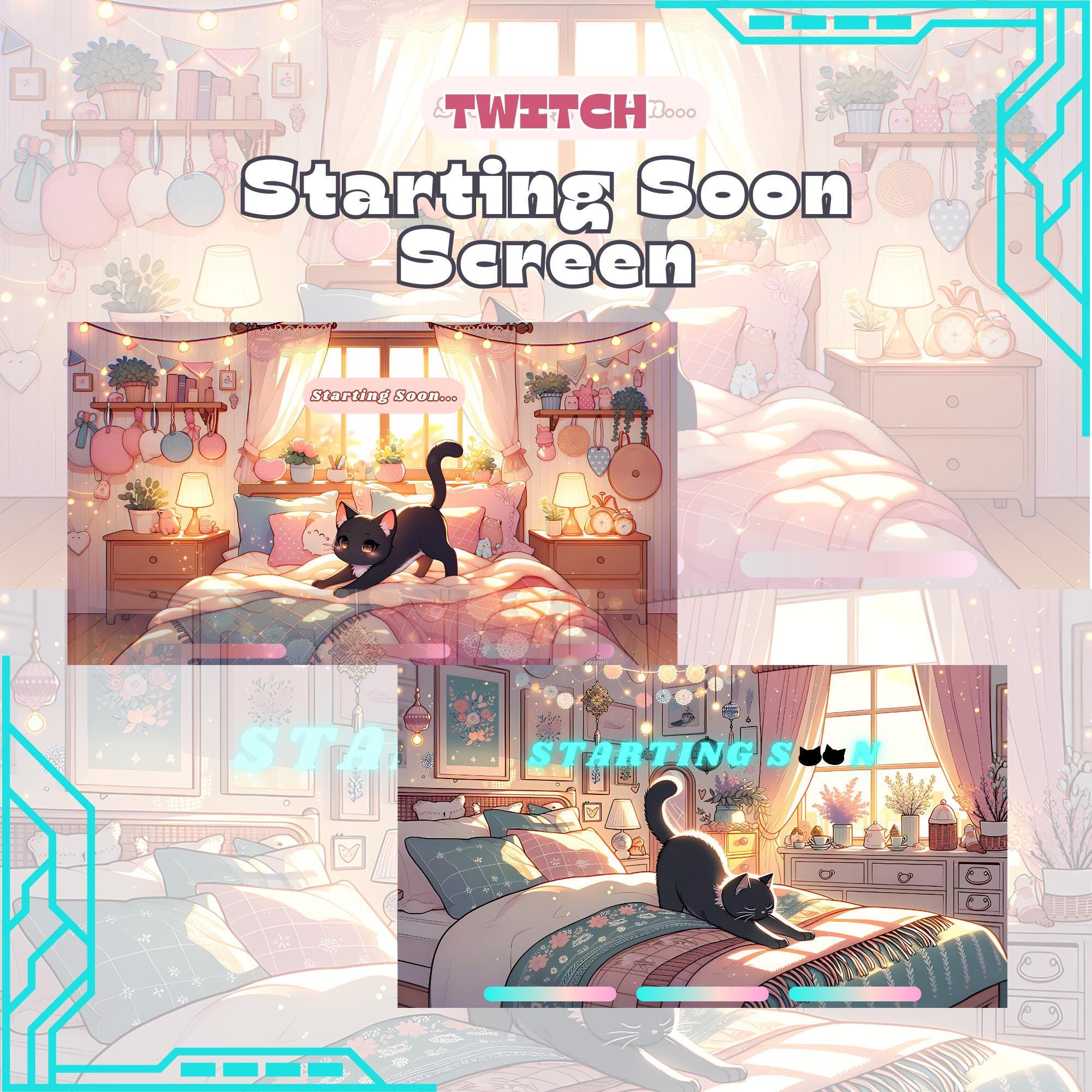 2 Twitch Starting Soon Screens, Cat Stretching Cozy Cat Bed Stream ...