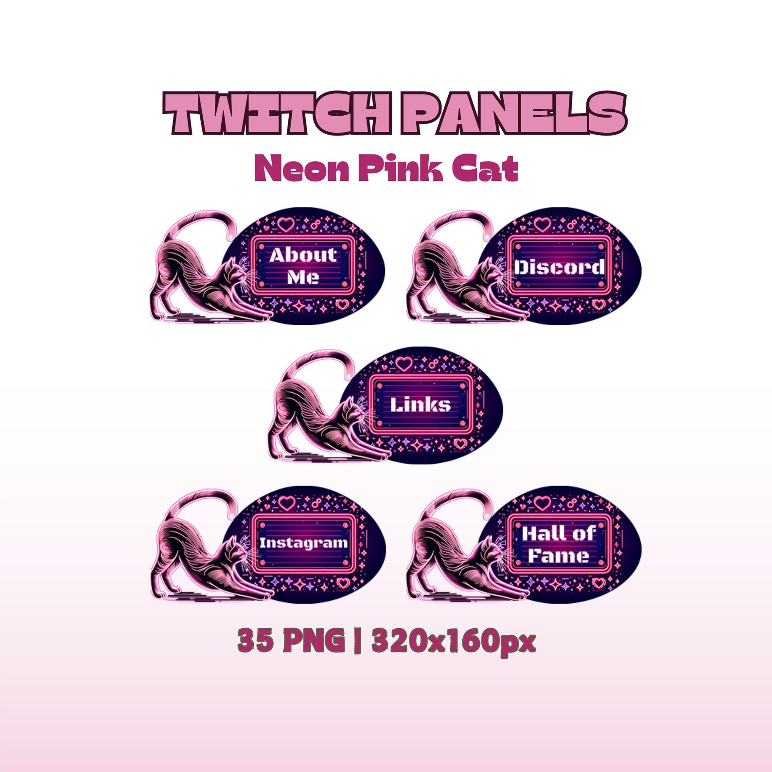 Neon Pink Cat Twitch Panels Set, 35 Neon Cat Stream Panels, Glowing ...
