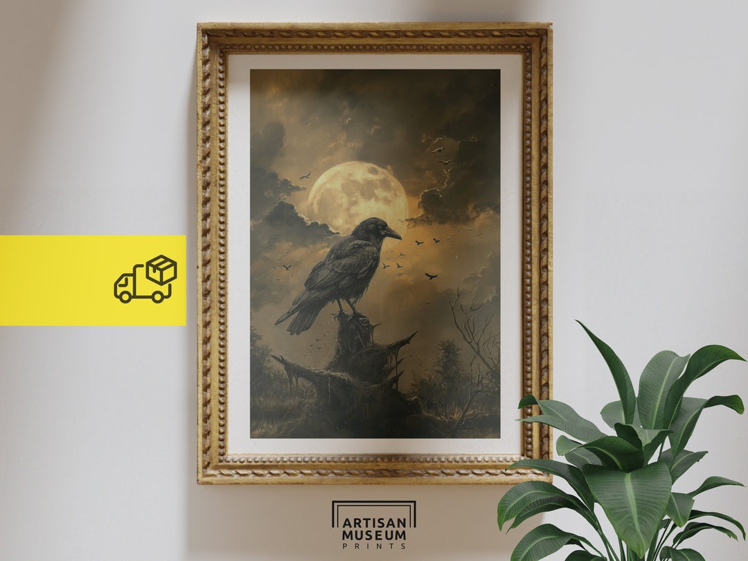 Moonlit Crow Art Print | Gothic Raven Wall Art, Dark Crow Illustration ...