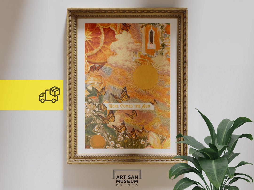 Here Comes the Sun Orange Surrealism Collage Art Print - Bright Vintage ...