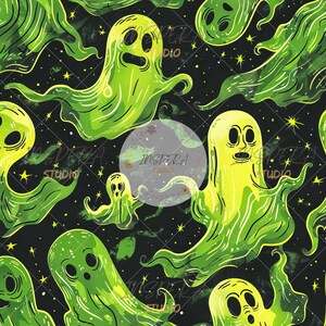Horror Ghost Neon Green Seamless Pattern, Horror Halloween Pattern ...