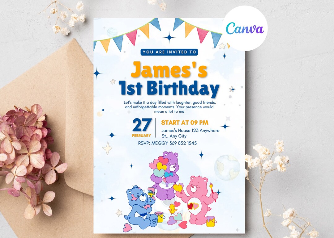 Care Bear Kids Birthday Invitation, Birthday Invite, Character Birthday ...