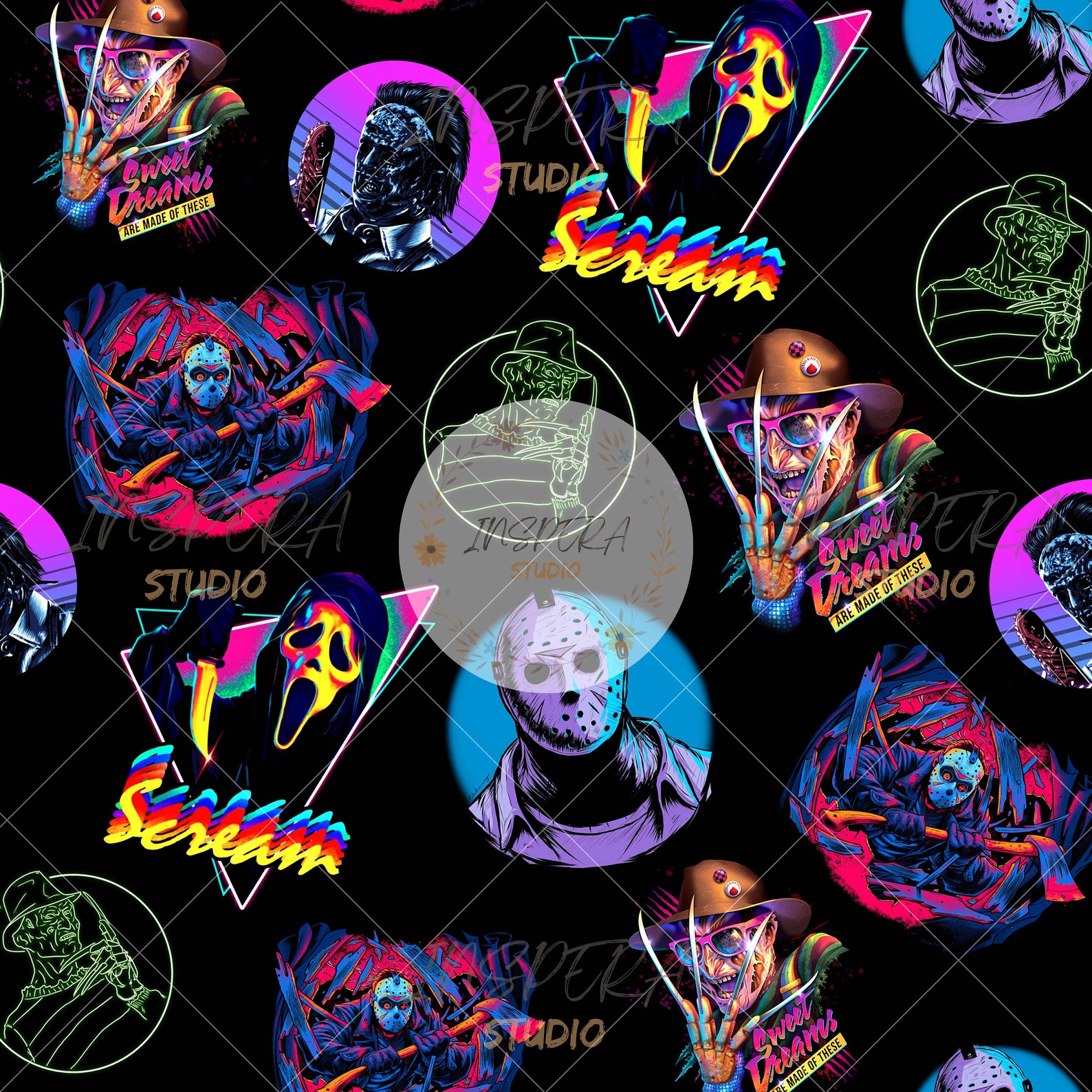 Horror Movie Mashup Neon Digital Seamless Pattern, Digital Download - Etsy