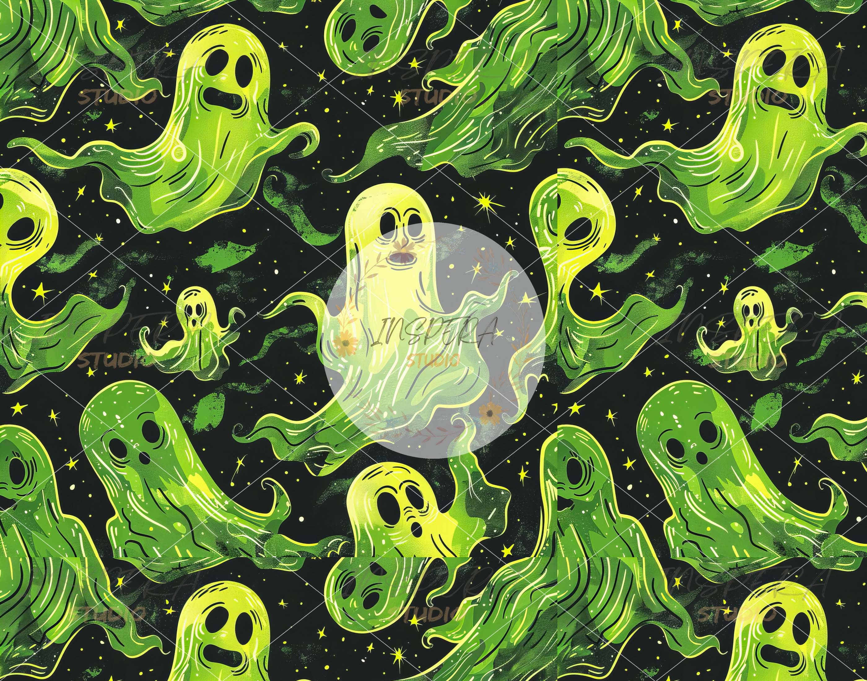 Horror Ghost Neon Green Seamless Pattern, Horror Halloween Pattern ...