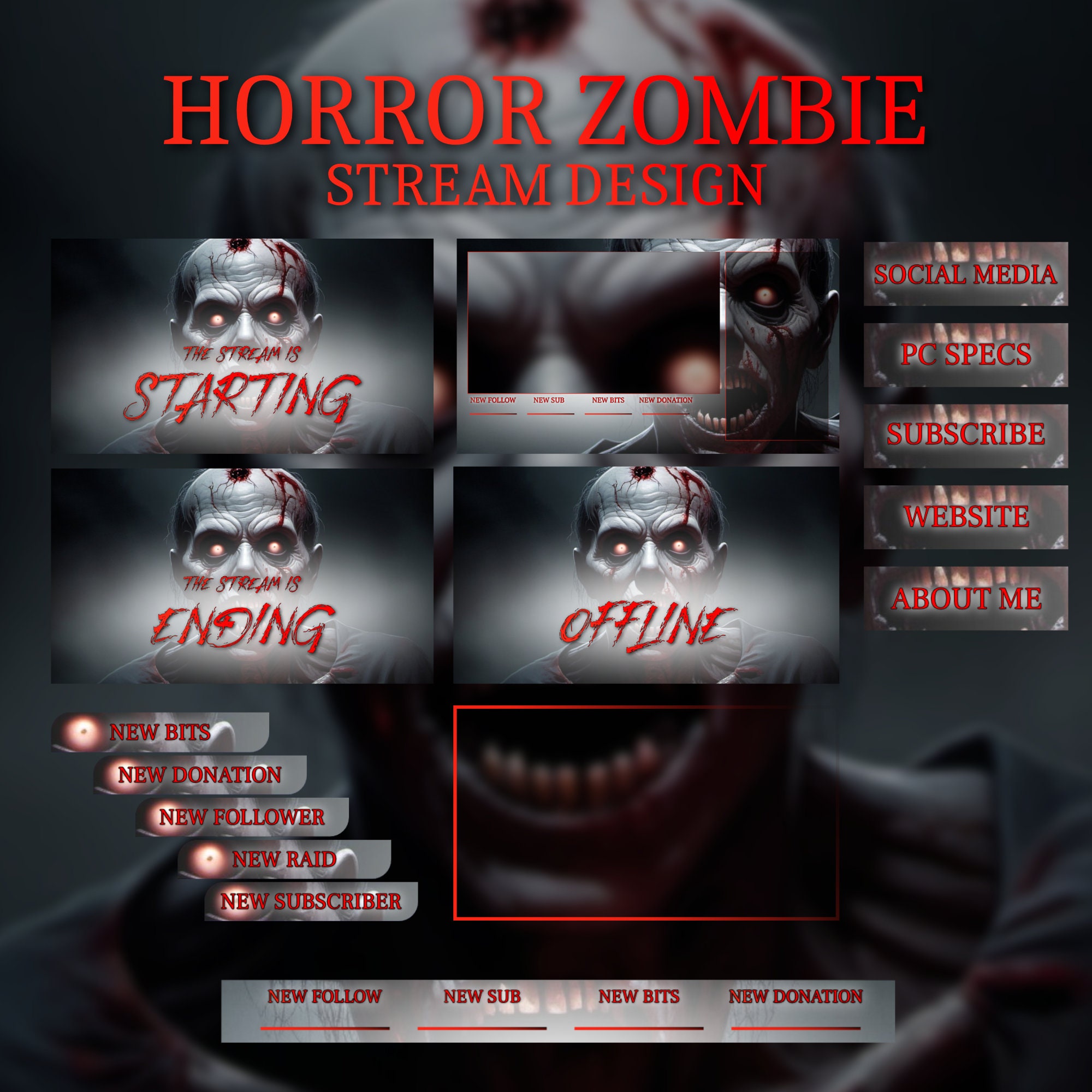 Horror Zombie Streaming Overlay Package | 5 Overlays, Webcam Frames, 23 ...