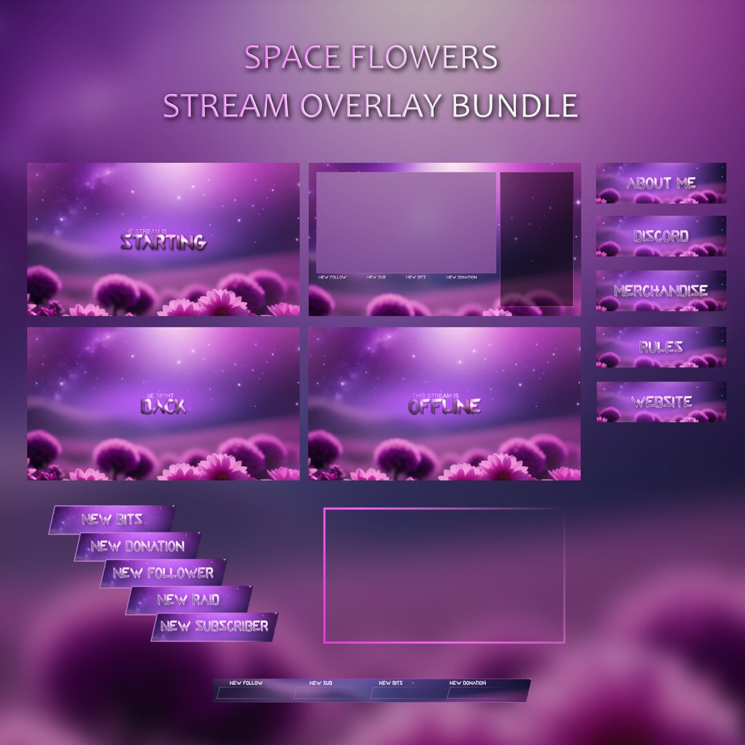 Space Flowers Streaming Overlay Package | 5 Overlays, Webcam Frames, 23 ...