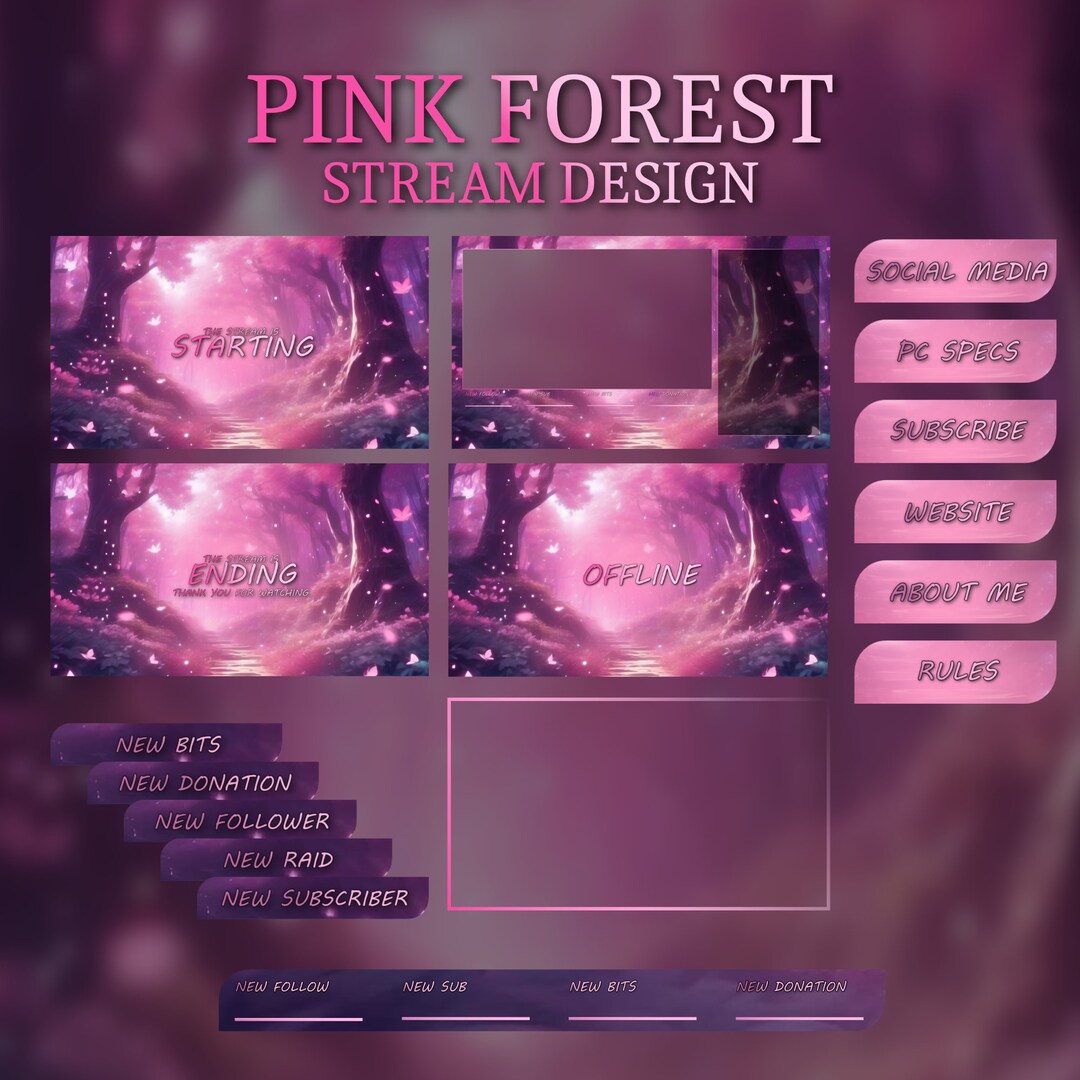 Pink Forest Streaming Overlay Package | 5 Overlays, Webcam Frames, 23 Panels, Alerts, | OBS ...