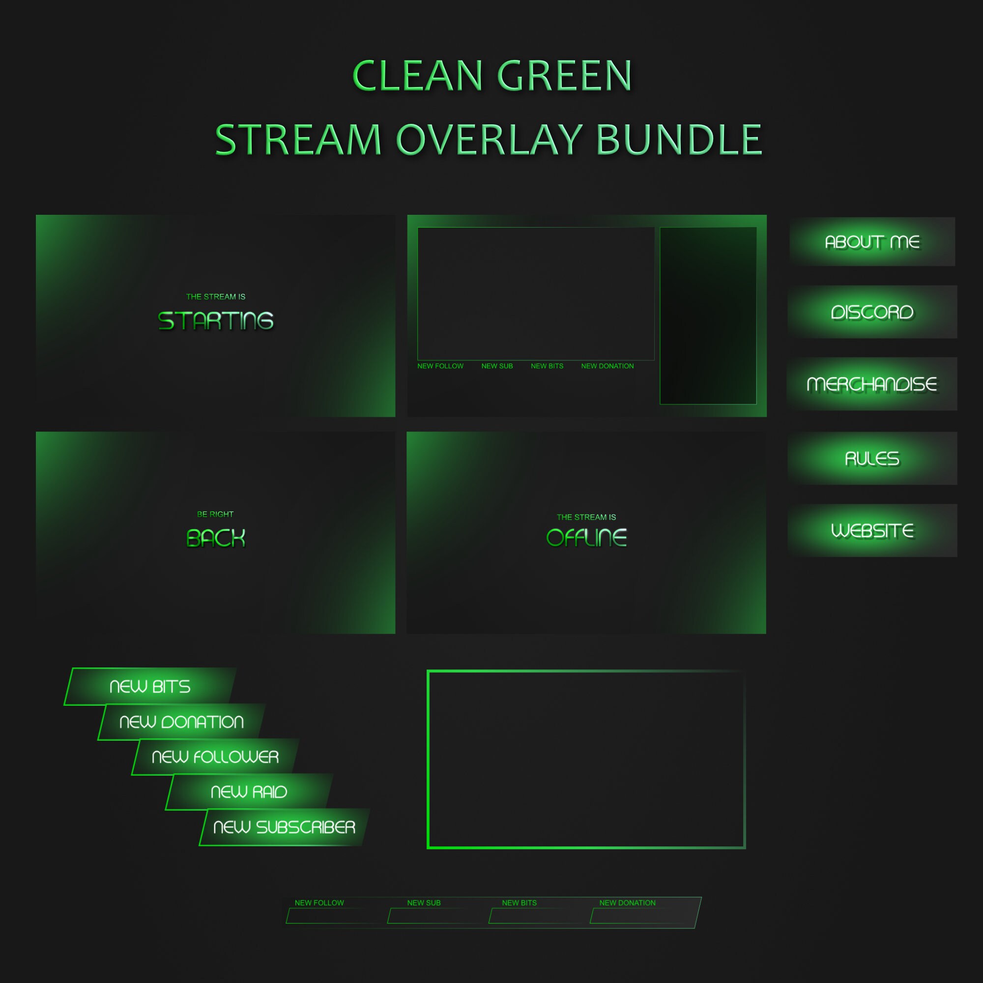 Clean Green Streaming Overlay Package 5 Overlays, Webcam Frames, 23 ...