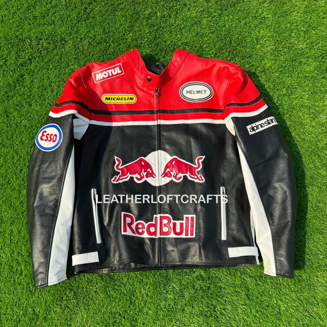 Men's Red Bull Esso Red & Black Motorcycle Jacket Motorbike Real ...