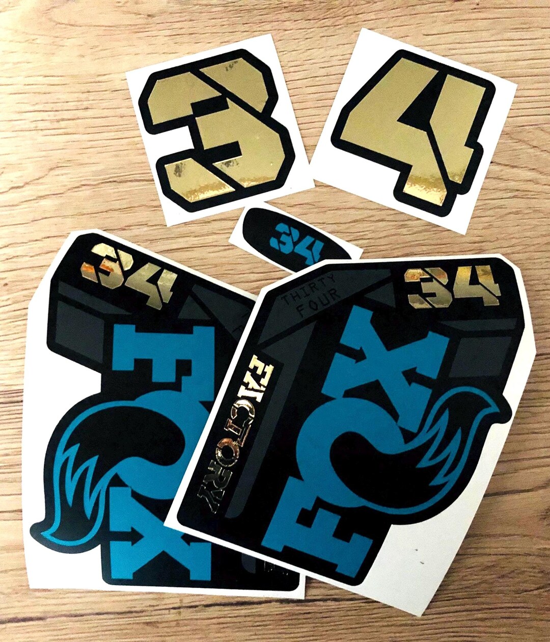 Custom Fox 34 Factory Decal Kit - Chrome Gold/turquise Blue/dark Gray ...