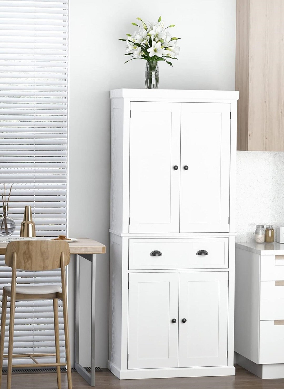 White Tall Storage Cabinet With Doors Movable Shelves and Drawer 184cm ...
