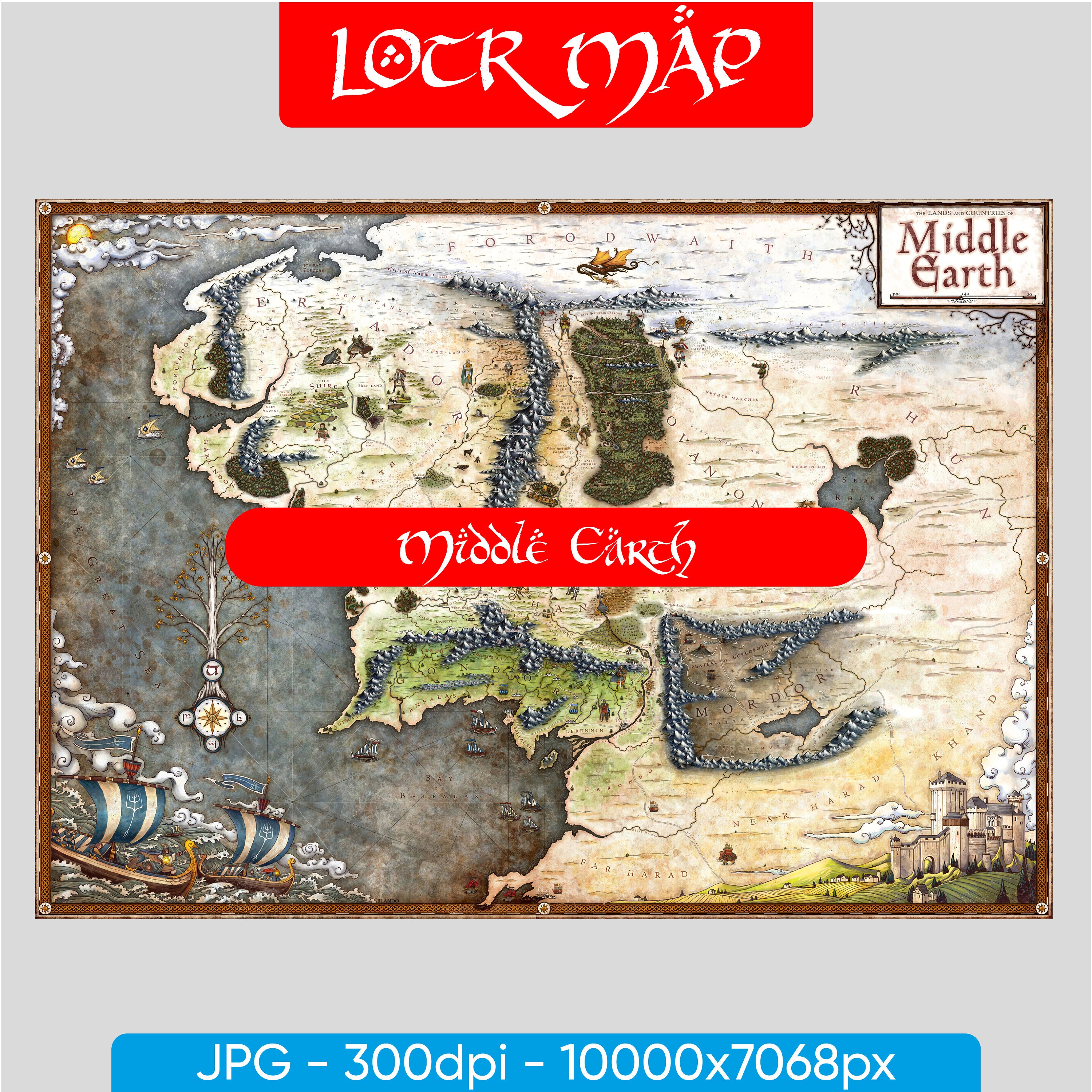 Lord of the Rings Map, Middle Earth Map, Lord of the Rings Gift, Great ...