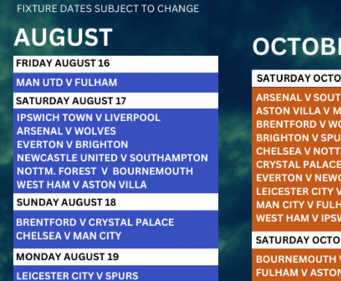 Premier League Fixtures Wall Chart, 2024/25 Football Season, A2 Sized ...
