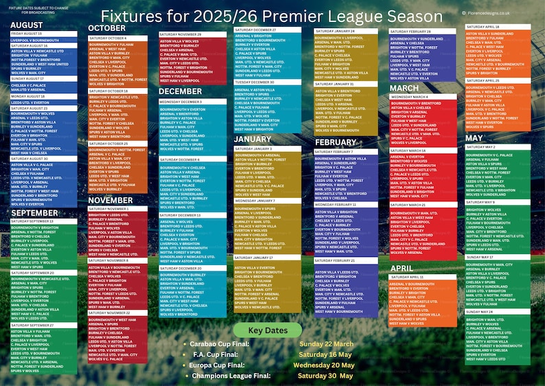 Fixtures Wall Chart, 2025/26 Premier League Football Season, A2 or A3 ...