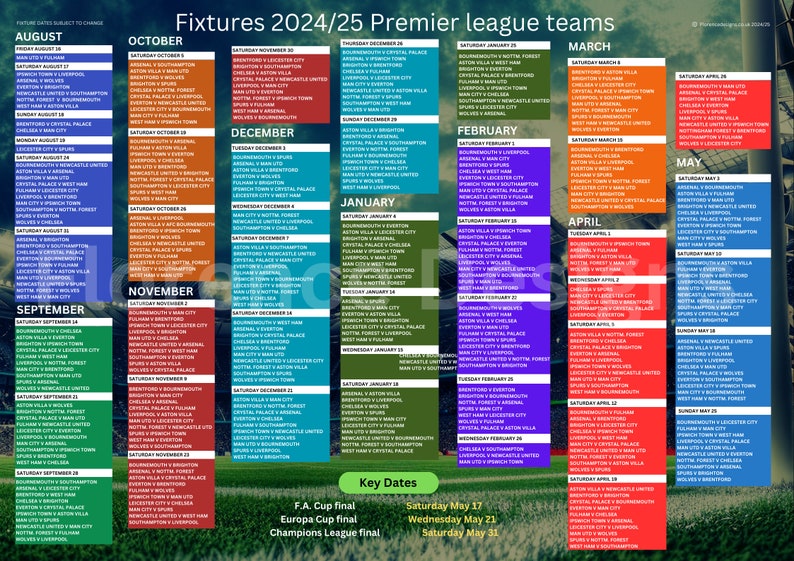 Premier League Fixtures Wall Chart, 2024/25 Football Season, A2 Sized ...
