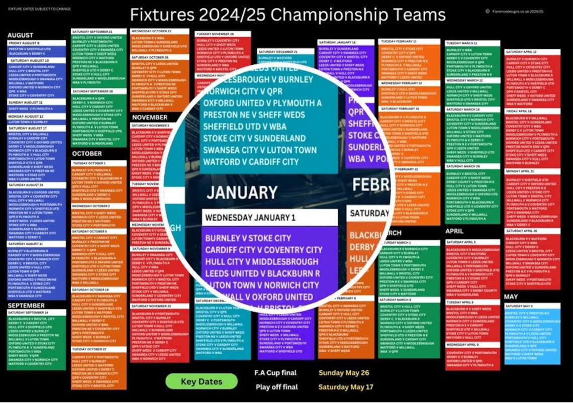 EFL Championship Fixtures Wall Chart, 2024/25, 2024/25 Season, Football ...
