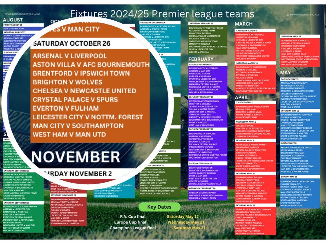 Premier League Fixtures Wall Chart, 2024/25 Football Season, A2 Sized ...