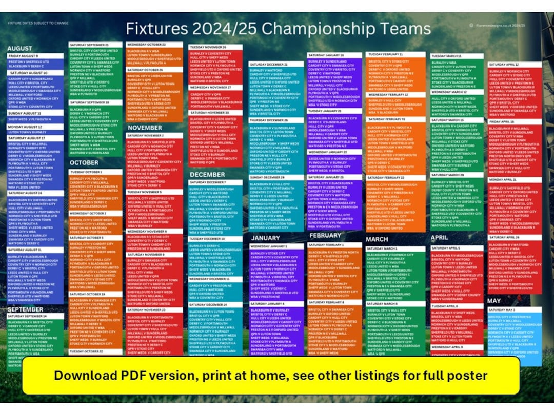 EFL Championship Fixtures Wall Chart, 2024/25, 2024/25 Season, Football ...
