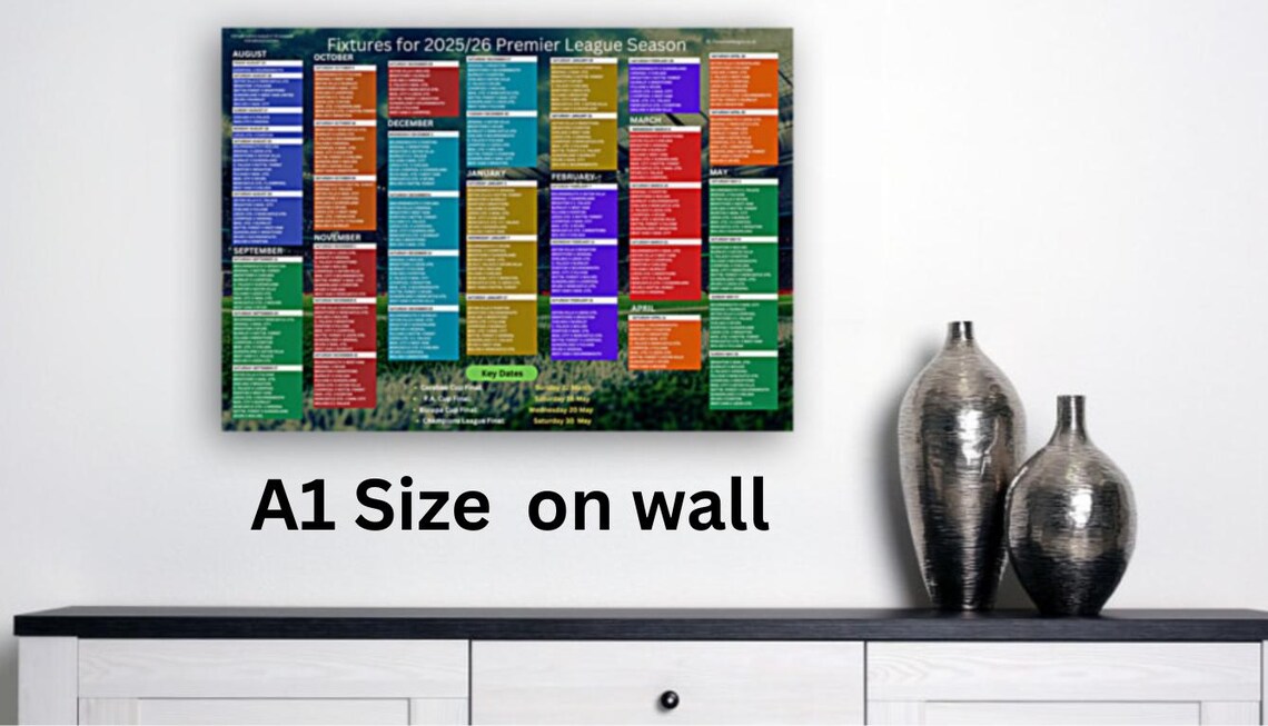 Fixtures Wall Chart, 2025/26 Premier League Football Season, A3 Sized ...