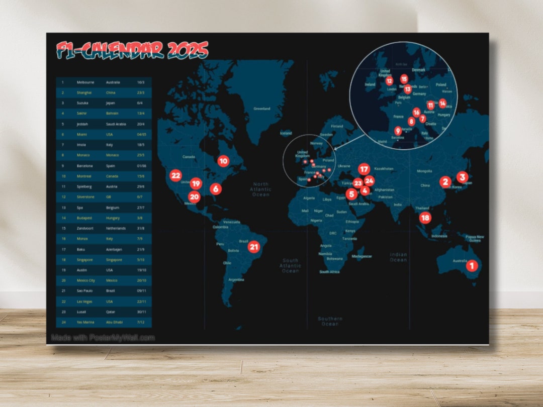 2025 F1-calendar Digital Download and Print A1 Size Formula 1 World Map ...