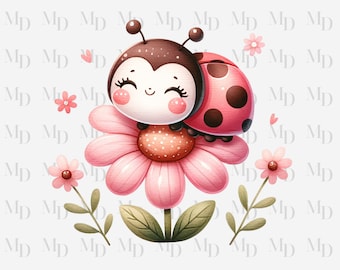 Cute Ladybug on Daisy PNG, Ladybug Clipart, Instant Download, Digital ...