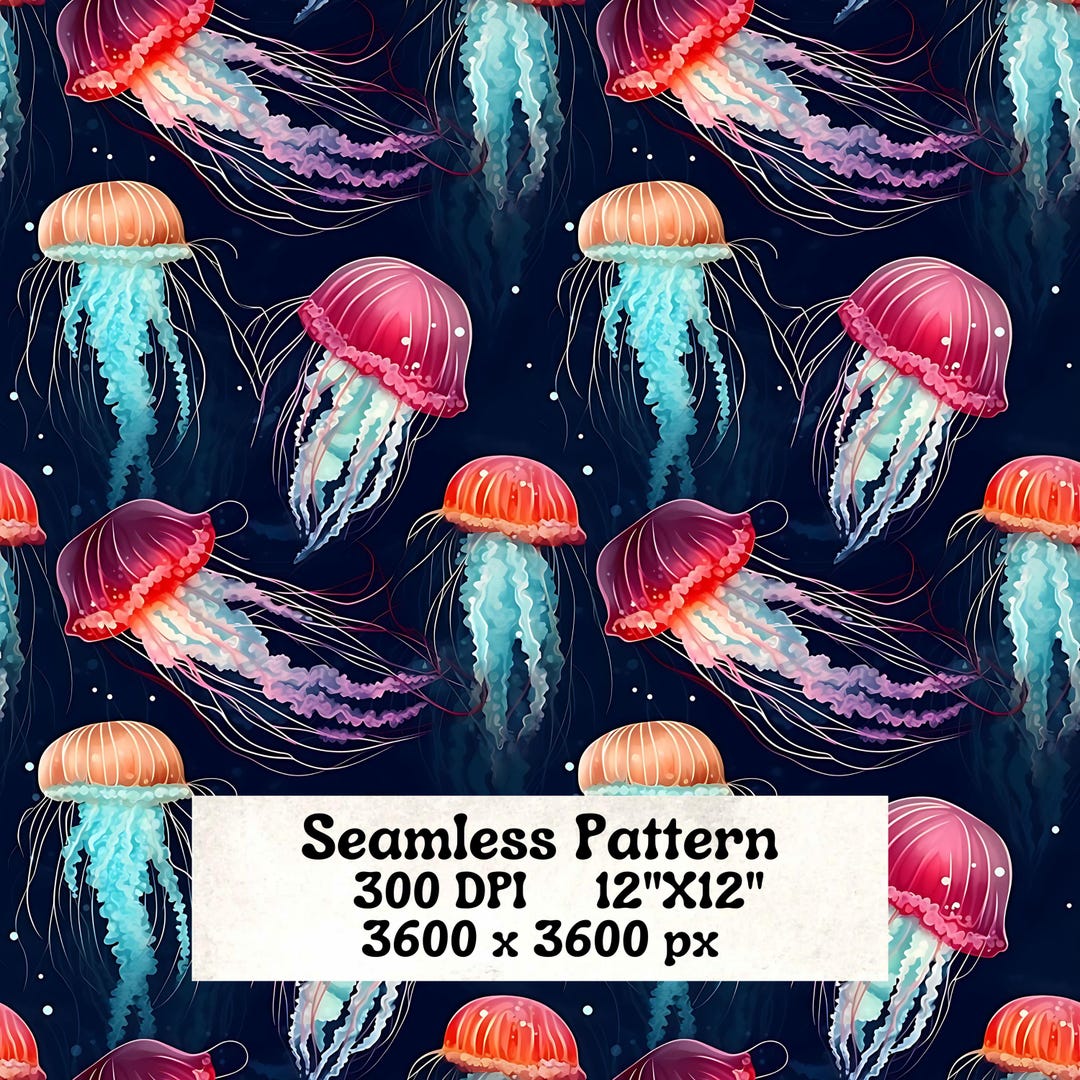 Jellyfish Seamless Pattern, PNG, Instant Download, 3600x3600, 12"x12 ...