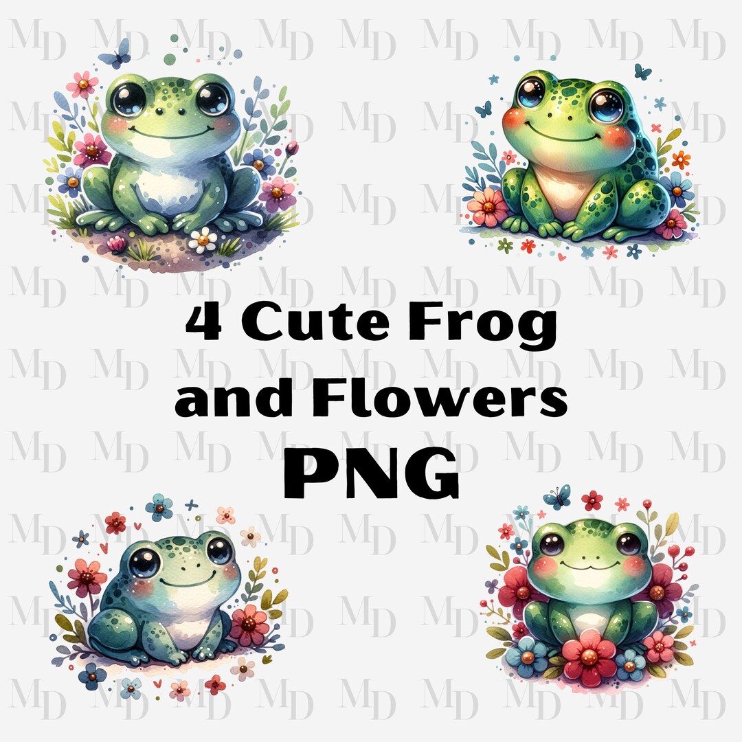 Cute Frog and Flowers Set of Four PNG, Clipart, Instant Download, Green ...