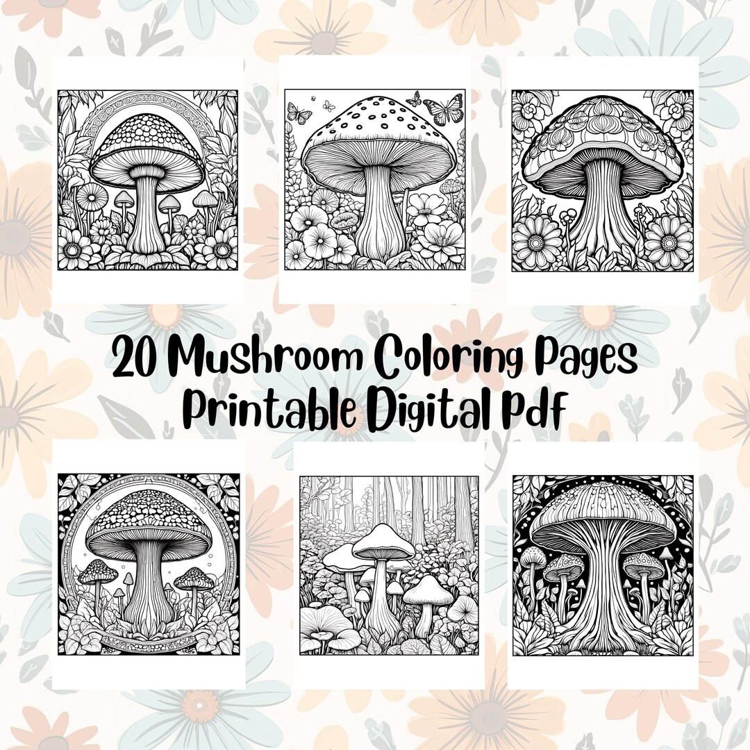 Mushroom Coloring Page, Instant Download, Printable, 20 Assorted Pages ...