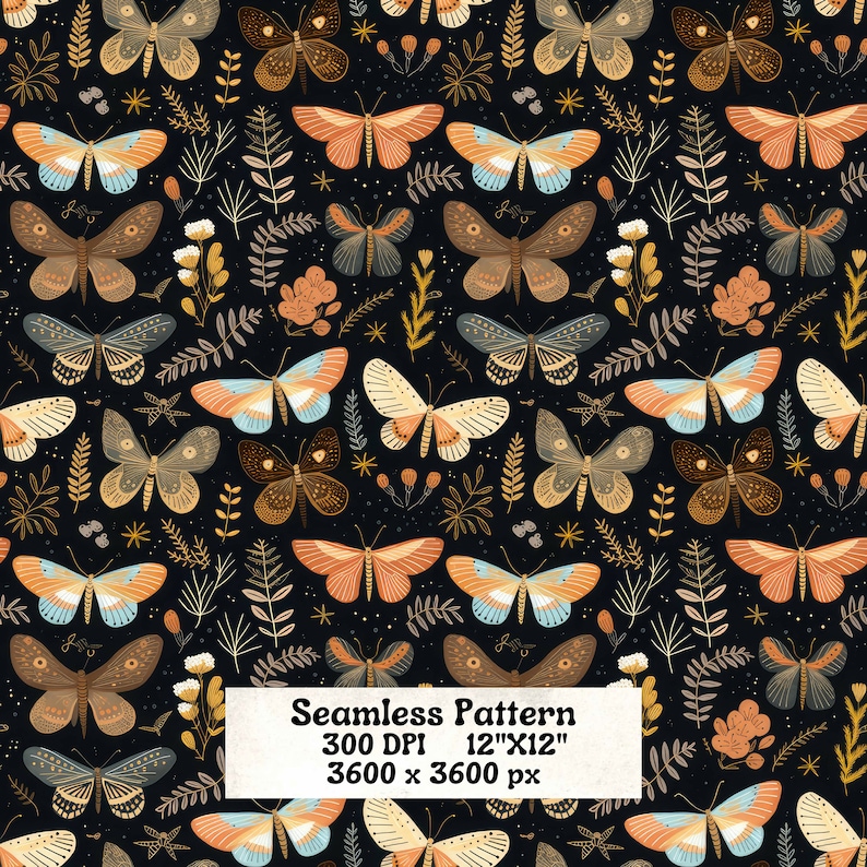 Moth Seamless Pattern, Instant Download, 300 Dpi, 3600x3600, Digital Paper, 12x12, Moth Pattern ...