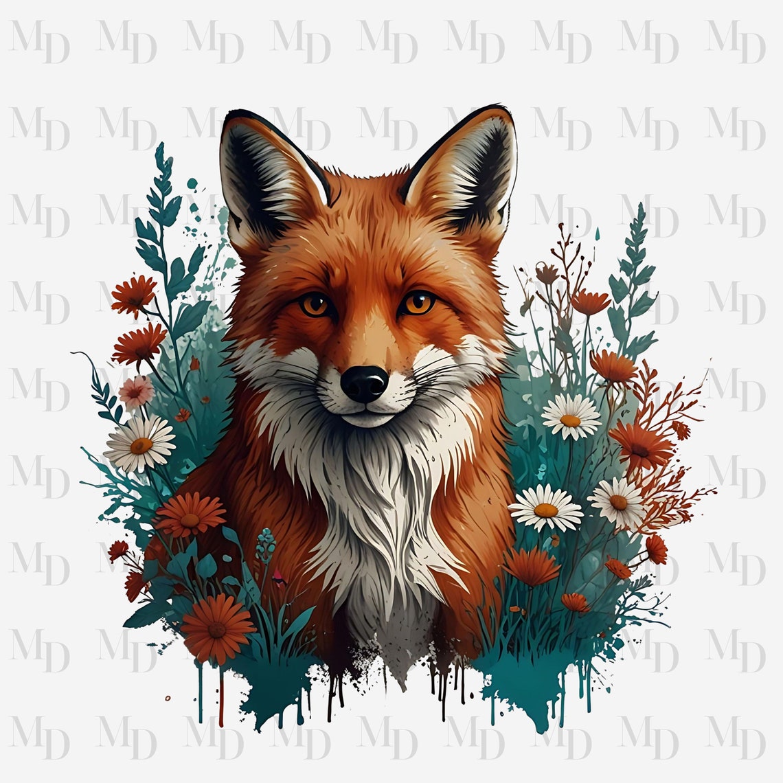 Floral Fox PNG, Clipart, Instant Download, Digital Download PNG, Fox ...