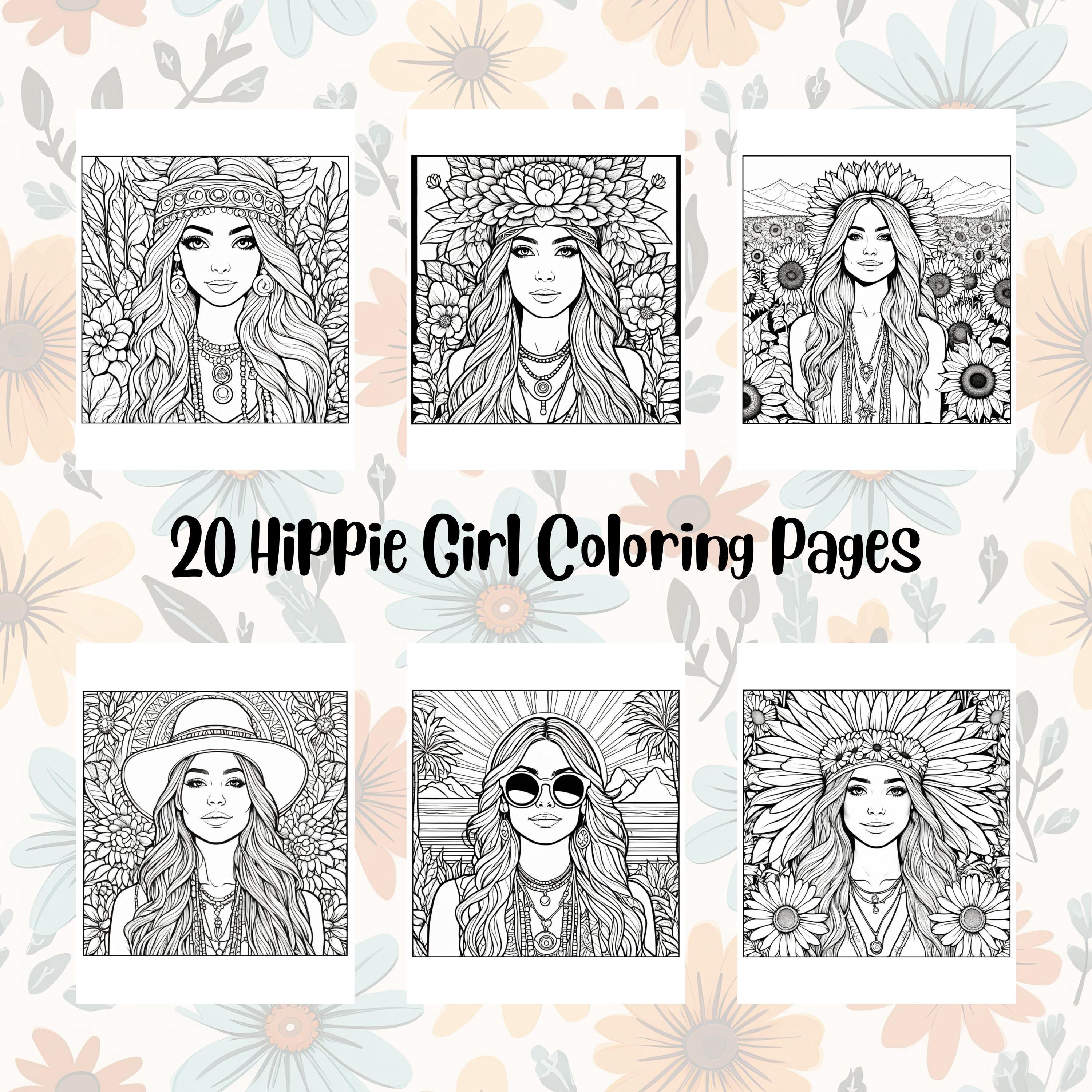 Hippie Girl Coloring Page, Instant Download, Printable, 20 Assorted ...