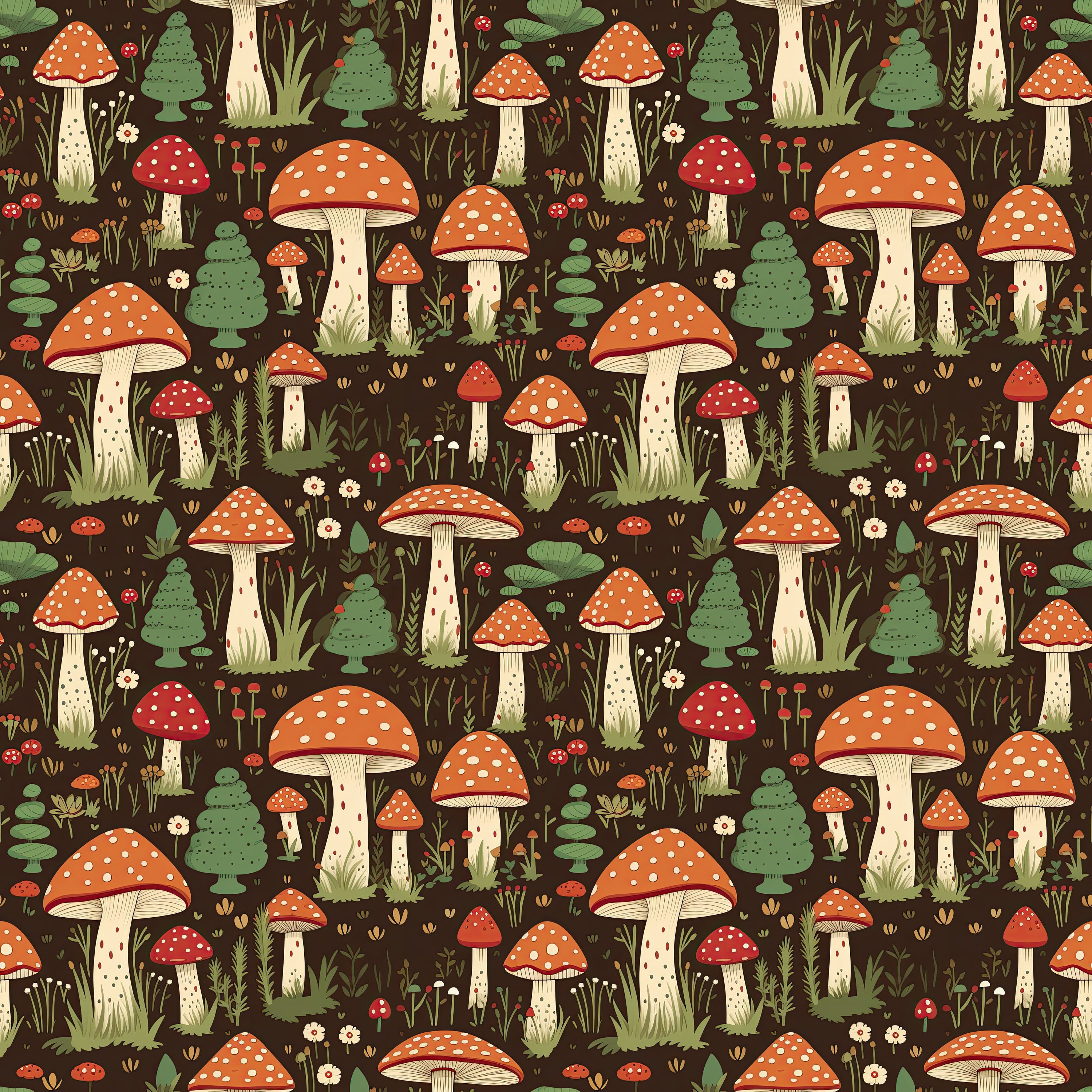 Mushroom Seamless Pattern, PNG. 300 DPI, 3600x3600, 12x12 - Etsy