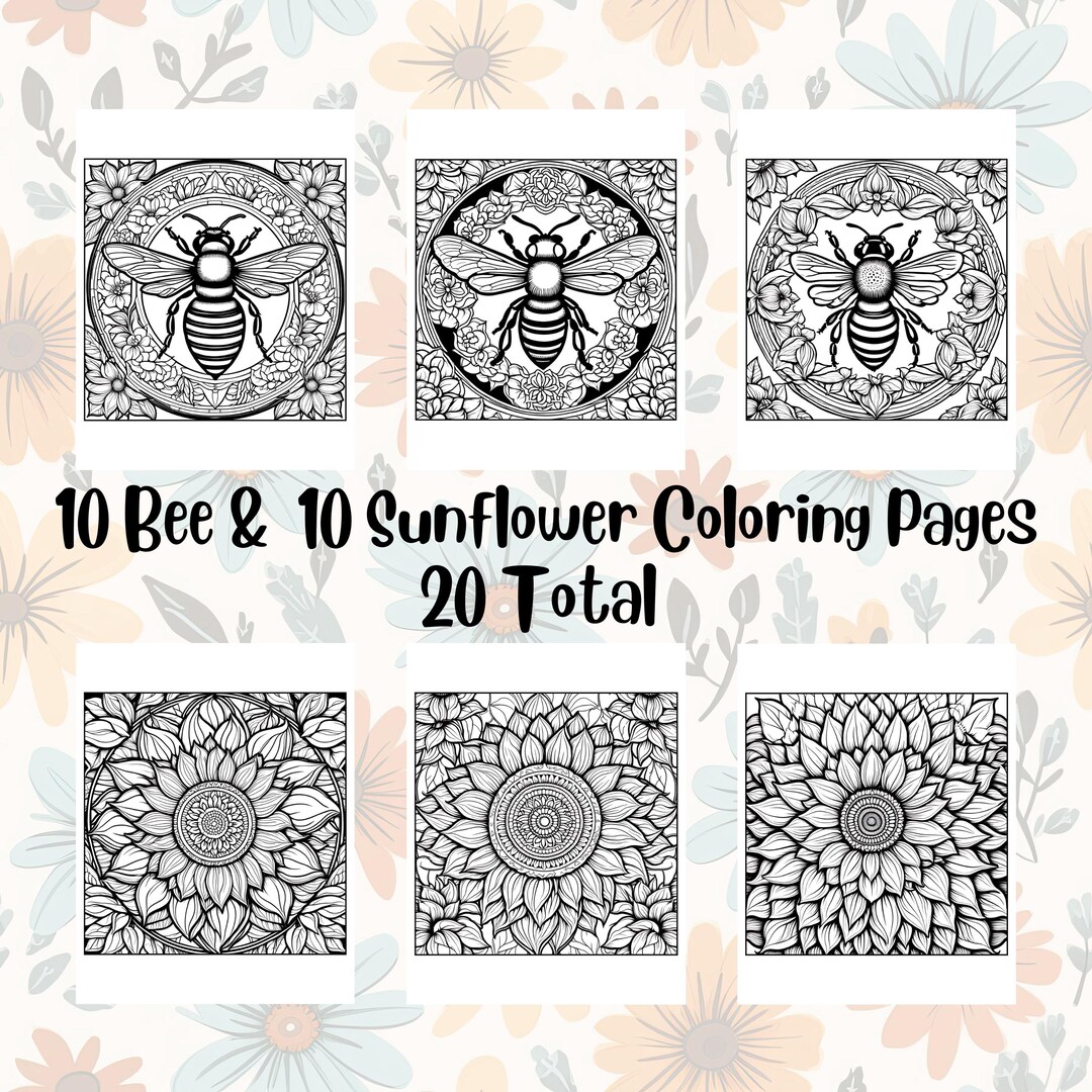 Bee and Sunflower Coloring Page, 20 Assorted Printable Pages, 10 Bee ...