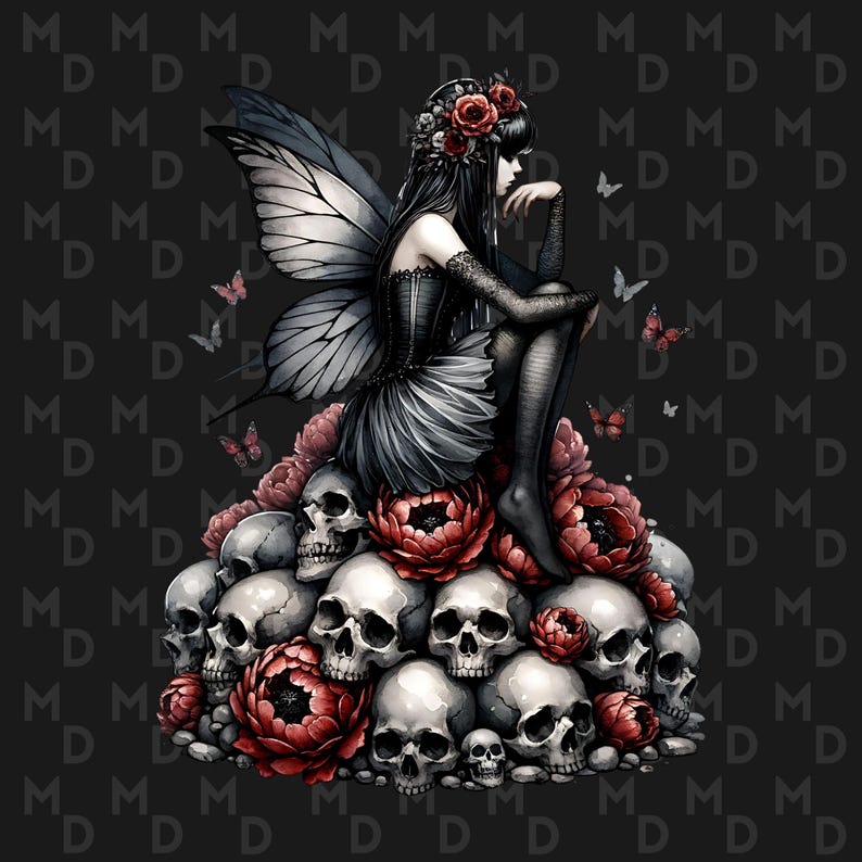 Goth Fairy Sitting on Skulls PNG, Clipart, Instant Download, Fairy ...