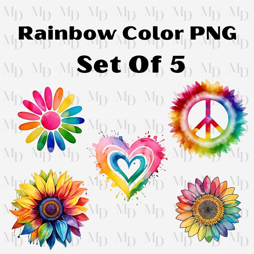Rainbow Color Set of 5 PNG, Flower Clipart, Instant Download, Heart ...